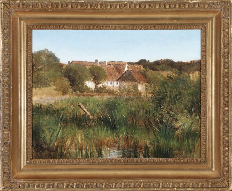 Vilhelm Kyhn | Field landscape with a pond, in the background a white ...