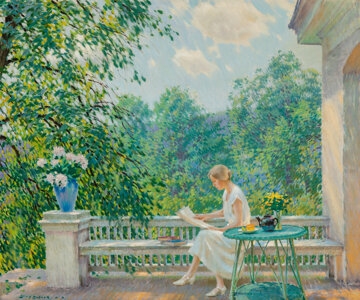 Edward Dufner | Woman on a Veranda | MutualArt