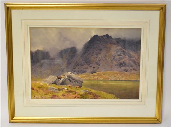 George Cockram | a Welsh mountainous scene with rocks in the foreground ...