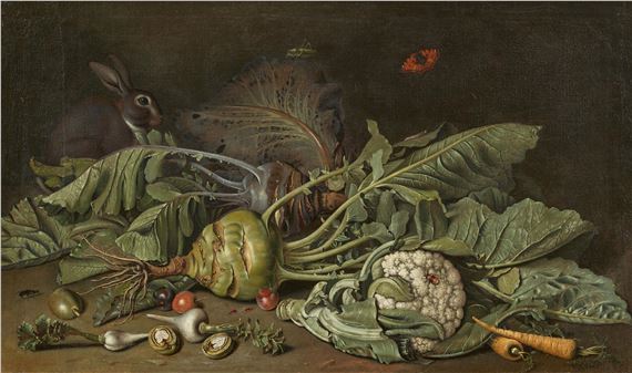 Jacob Samuel Beck | Still life of fruit, with rabbit and sparrow ...