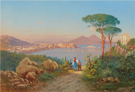 Guglielmo Giusti | Washerwomen on a track above the Bay of Naples ...