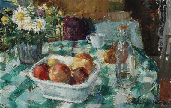 Herdis Gelardi | Still life with fruit and bottle | MutualArt