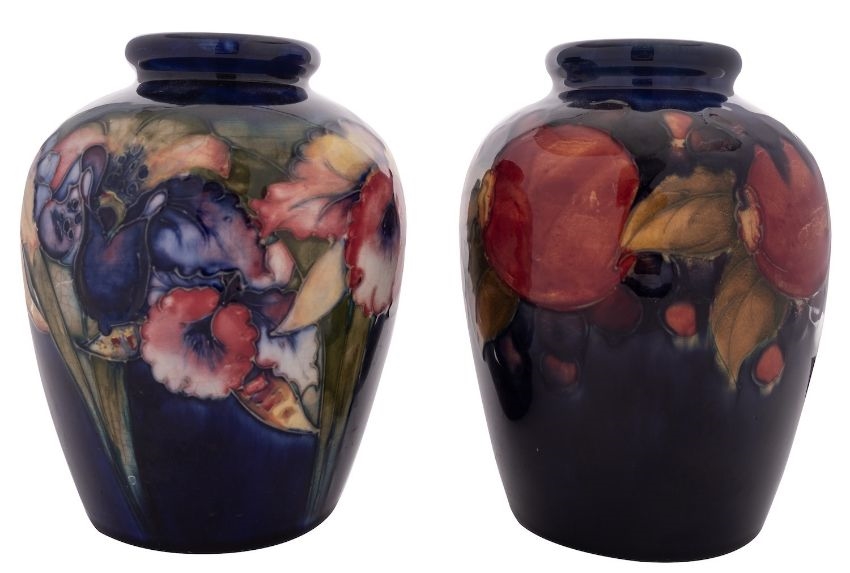 William Moorcroft | blue ground vases of ovoid form with rolled rims ...