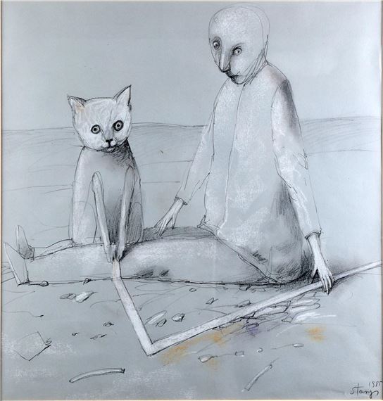 Stasys Eidrigevicius | Man met poes (1949) | MutualArt