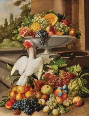 Leopold von Stoll | A Large Fruit Still Life with a Cockatoo (1844 ...