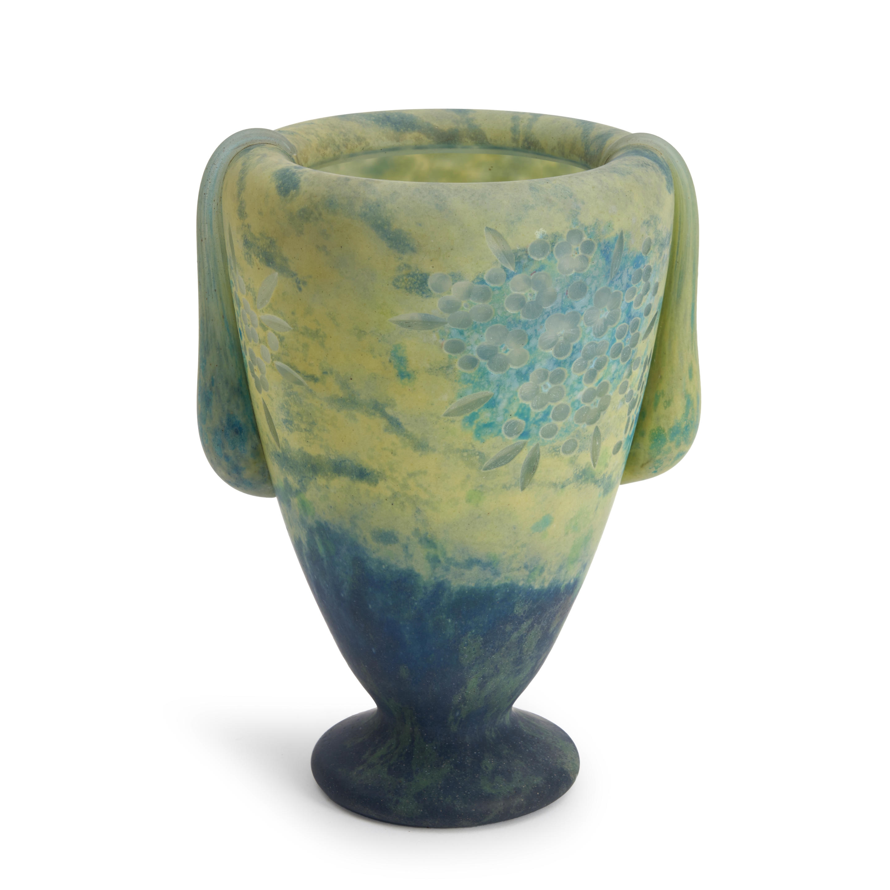 Daum Frères | DAUM VITRIFIED GLASS VASE WITH BLUE HYDRAGEA, | MutualArt