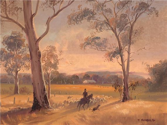 Hansen John | JOHN HANSEN (1953-), Stockman with Sheep and Dog, oil on ...