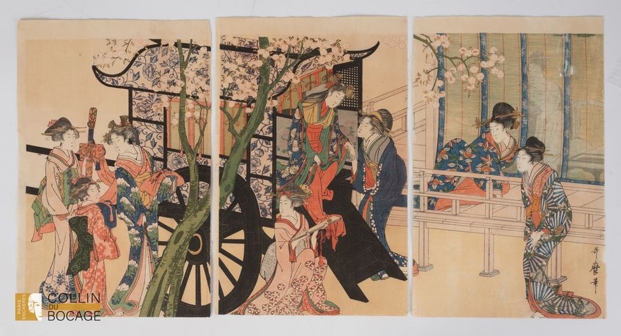 Kitagawa Utamaro | Triptych depicting primed bijin-ga near a carriage ...