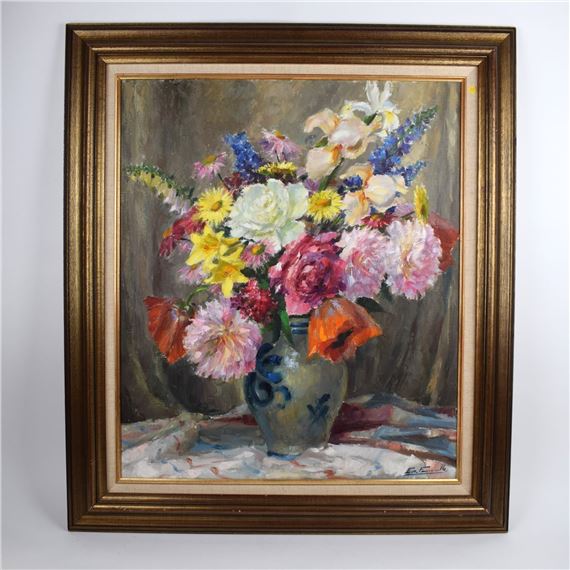 Emile Fournelle | Bouquet de fleurs au vase en grès de Luxembourg (1914 ...