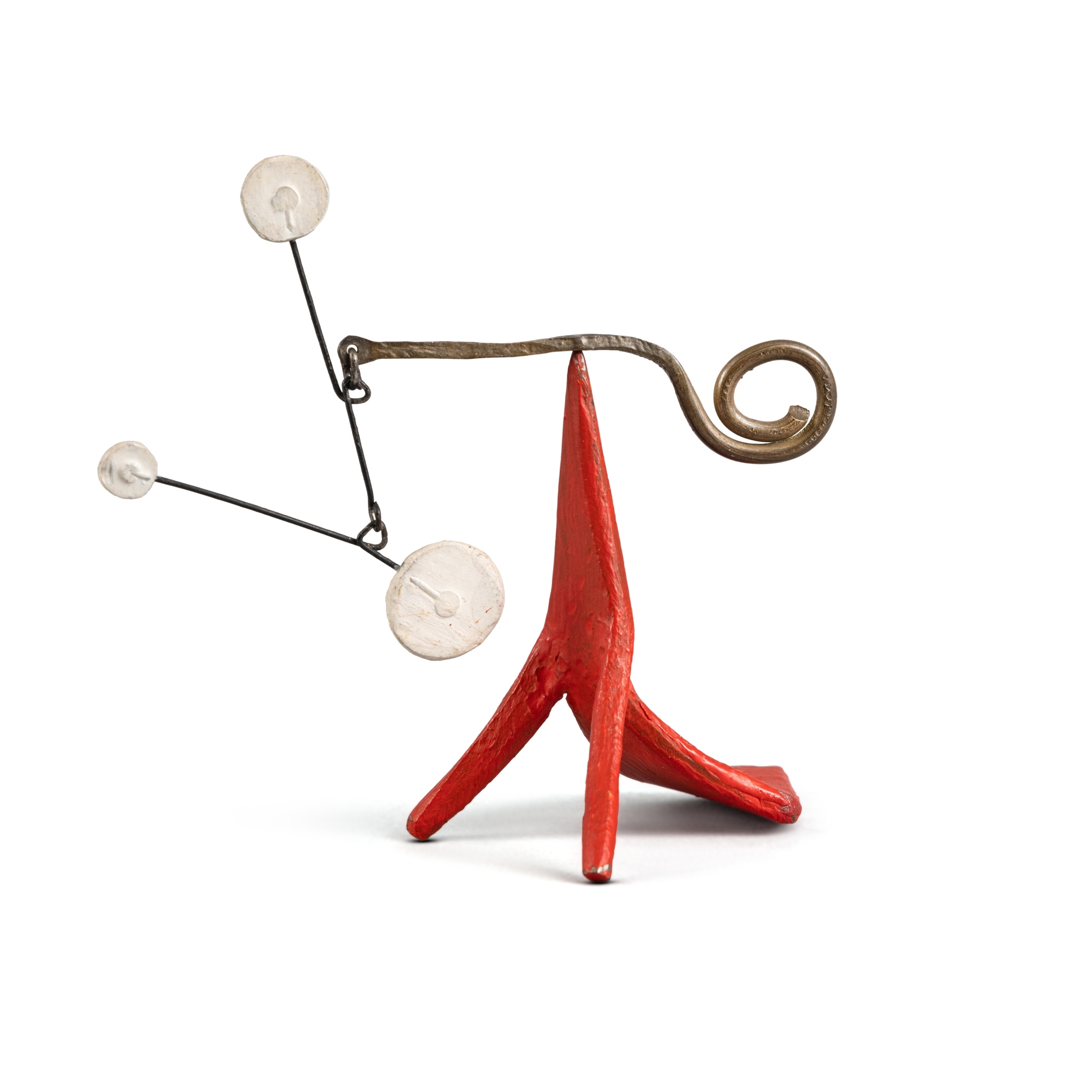 Alexander Calder | Three White Dots and Brass on Red | MutualArt