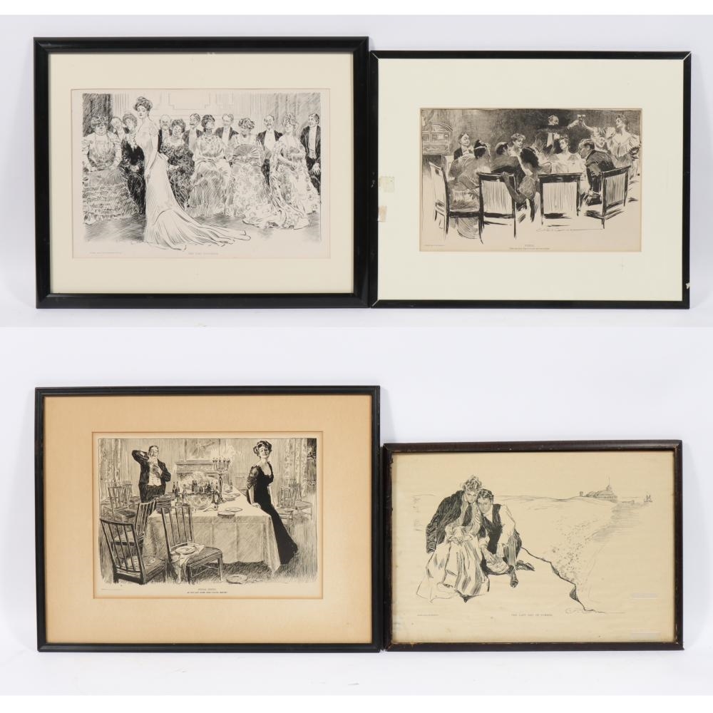 Charles Dana Gibson | Drawing: Four men sitting on bench (1903) | MutualArt