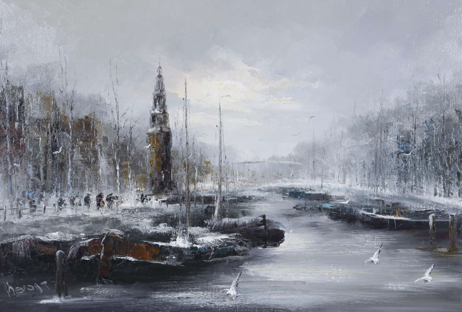 Jan Bévort | Winterse Oude Schans met de Montelbaanstoren, Amsterdam ...