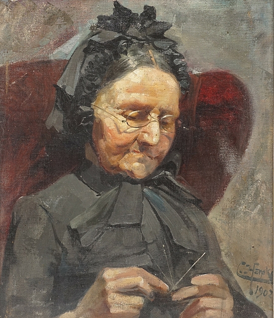 Carl Hapke | Alte Dame beim Stricken (1902) | MutualArt