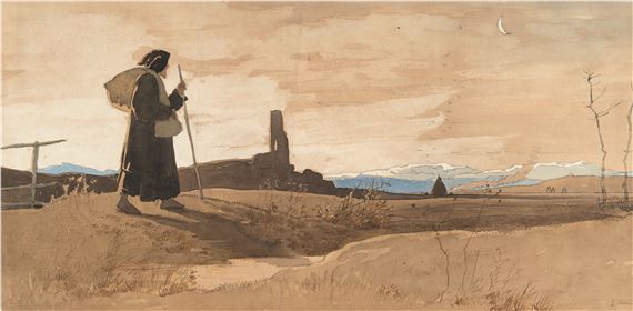 Victor Paul Mohn | Italian Campagna landscape with a pilgrim | MutualArt