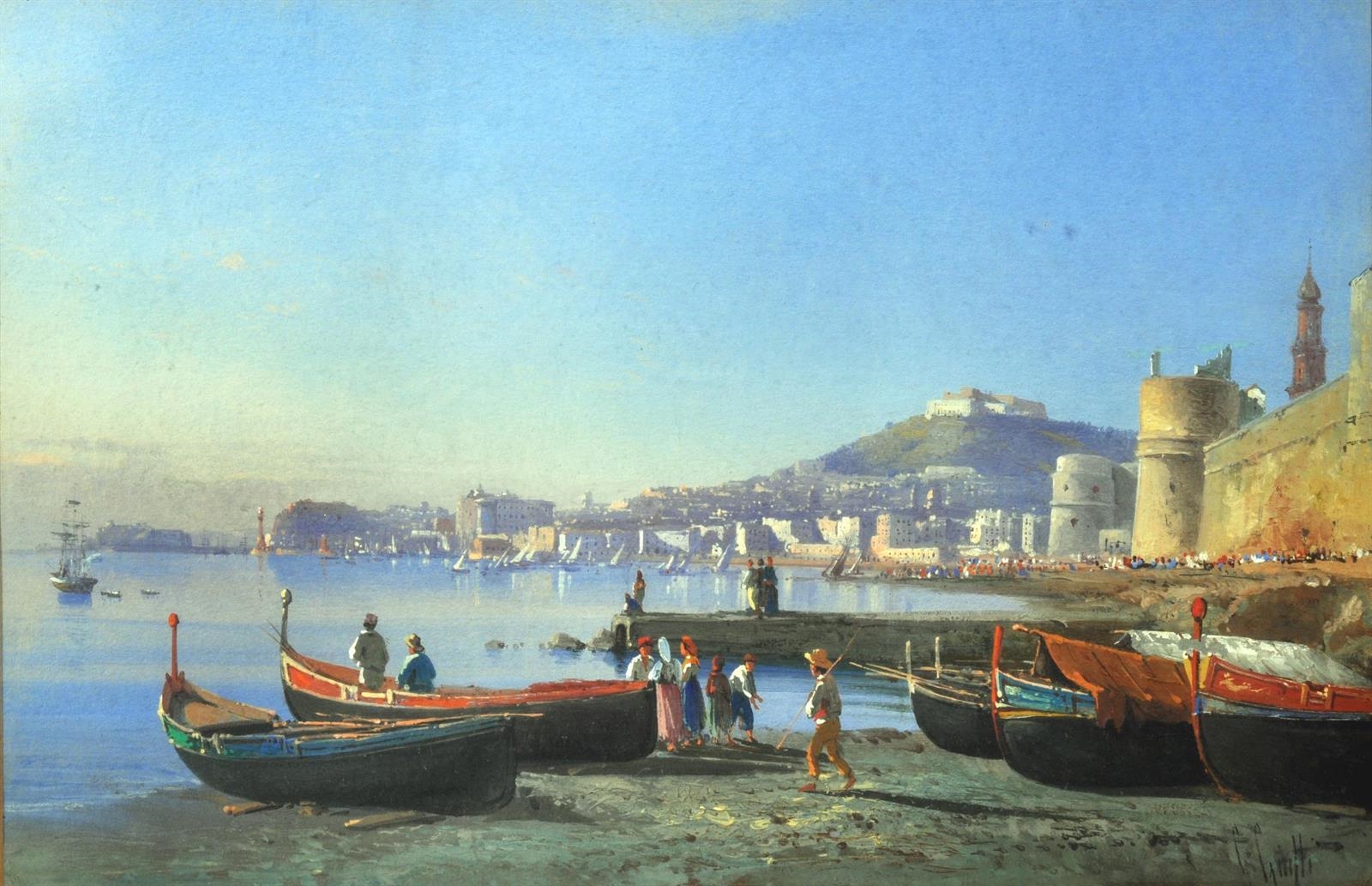 Guglielmo Giusti | Washerwomen on a track above the Bay of Naples ...