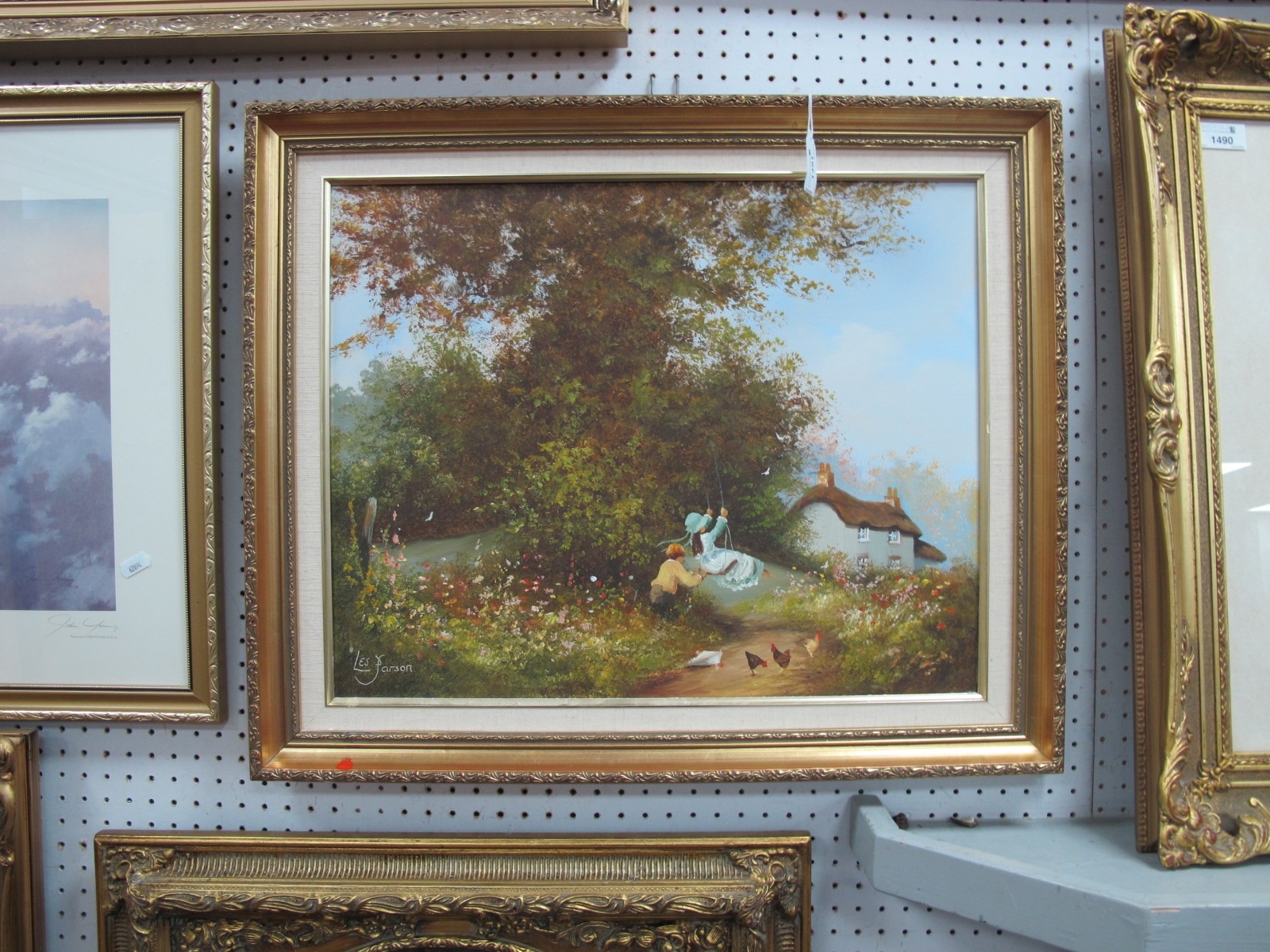 Les Parson | On a Swing by Chickens with Cottage in background | MutualArt