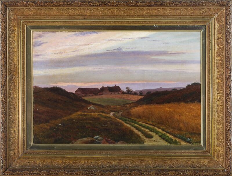 Vilhelm Kyhn | Field landscape with a view to a farm i evening light ...