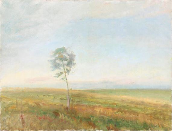 Julius Paulsen | Field landscape with a tree standing in the wind ...