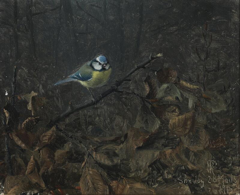 Niels Peter Rasmussen | A blue tit sitting on a branch (1915) | MutualArt