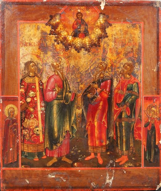 Russian School, 19th Century | ICON featuring four saints surmounted by ...
