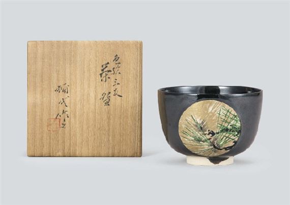 Yaichi Kusube | Tea bowl with design of shochikubai in overglaze enamel ...