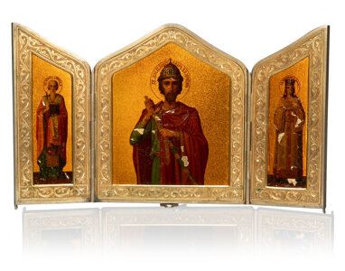 Pavel Akimov Ovchinnikov | A Russian Silver Triptych Icon of Saints Alexander Nevsky, Peter, and ...