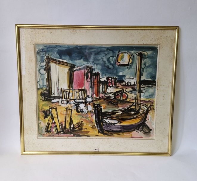 Maurice Verdier | Plage cabine et barque | MutualArt