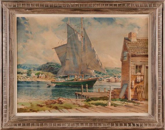 Herbert Gute | Sailboat in a harbor | MutualArt