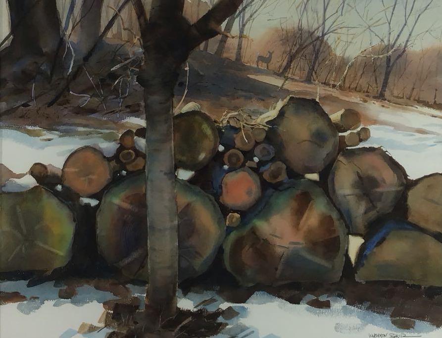 Warren Blair | Winter snow scene with stacked firewood | MutualArt