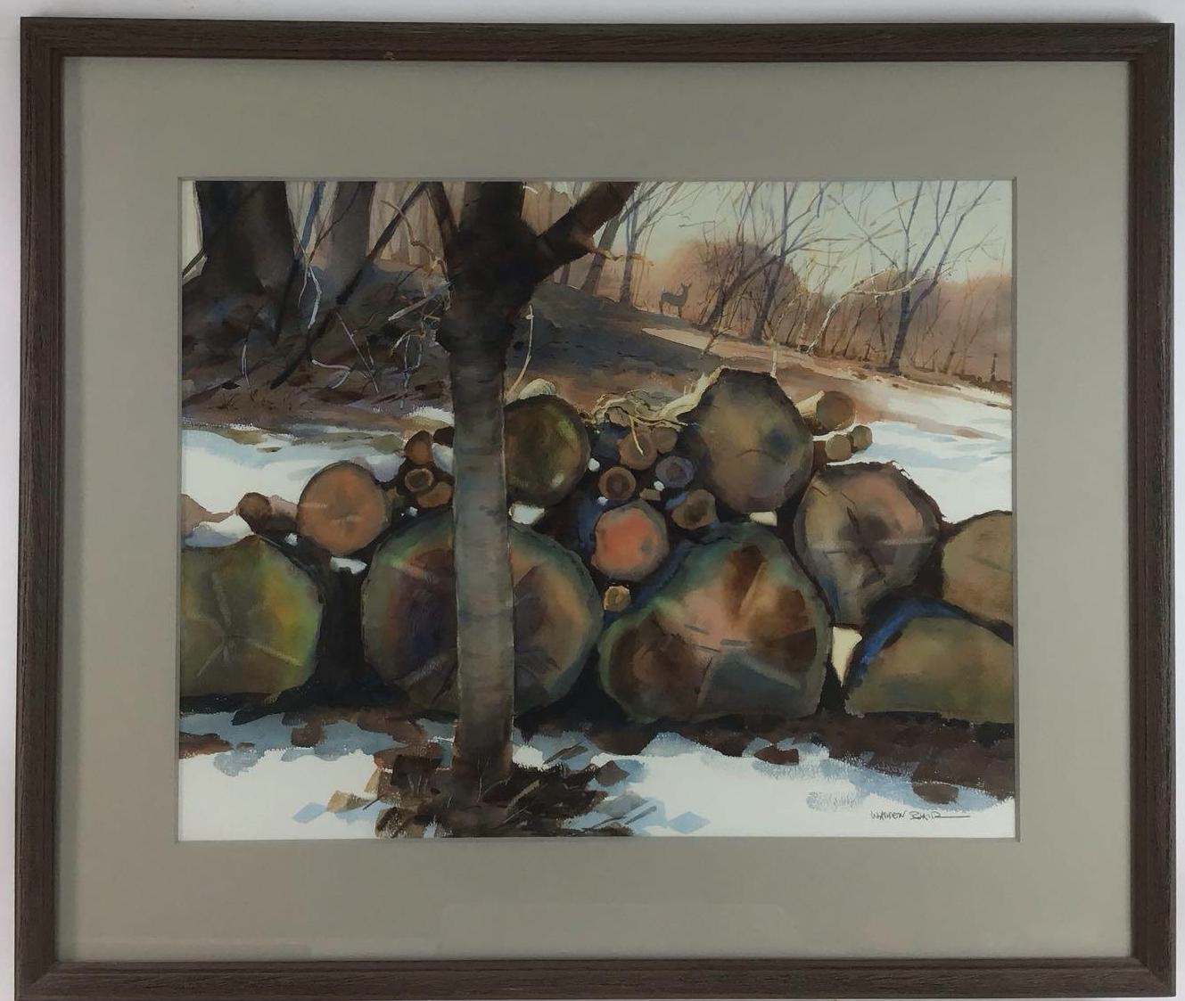 Warren Blair | Winter snow scene with stacked firewood | MutualArt