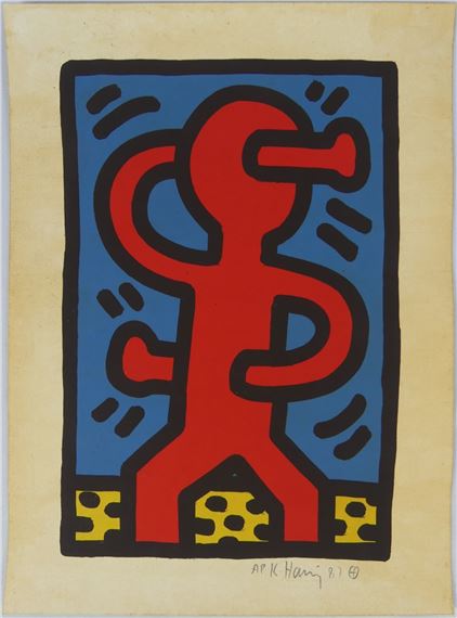 Haring Keith | Keith Haring color lithograph depicting a red figure on ...