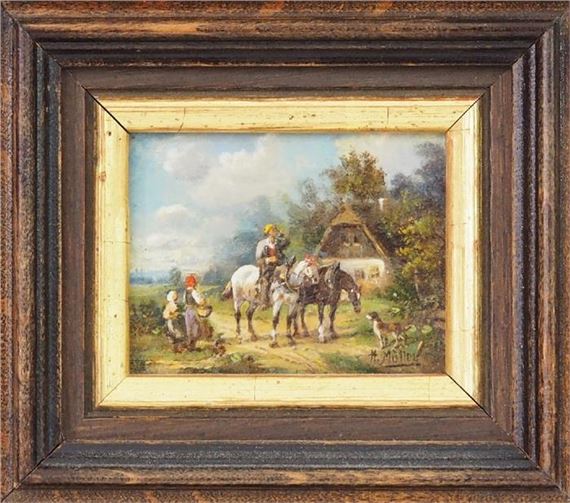 Hermann Müller | Reiter mit zwei Pferden vor einem Bauernhaus, am ...