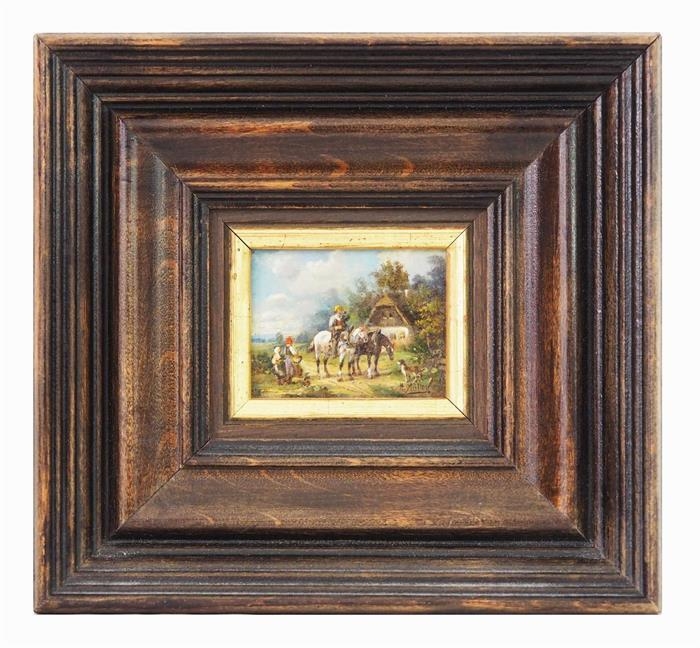 Hermann Müller | Reiter mit zwei Pferden vor einem Bauernhaus, am ...