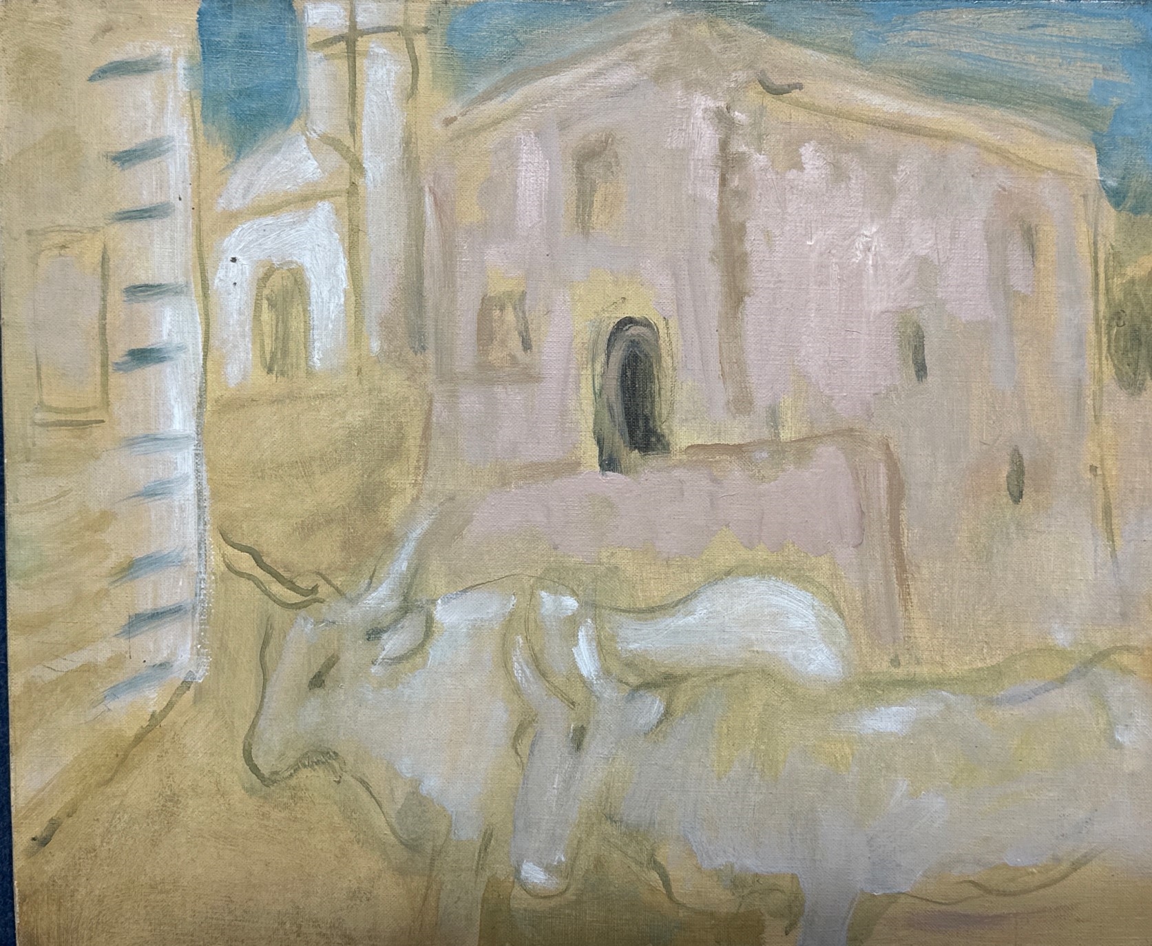 Derek Inwood | Cattle in continental village scene | MutualArt