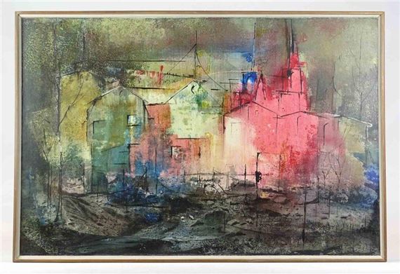Harry Day | Mid Century village and buildings. Oil on panel. 22 x 34 ...