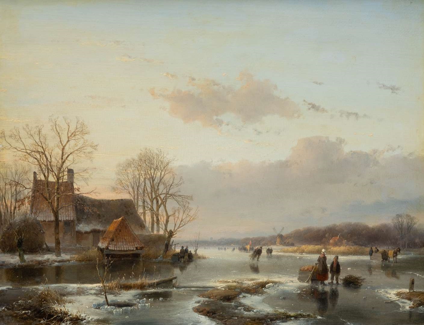 Andreas Schelfhout | Skaters and figures with sledges on the ice by a ...
