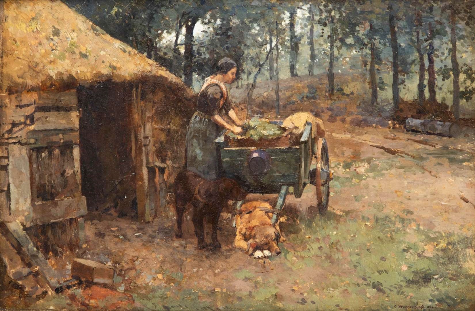 Cornelis Vreedenburgh | Farm girl preparing the dog cart by the shed | MutualArt