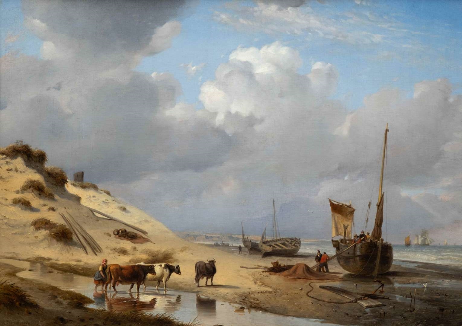 Alexandre T. Francia | Dutch beach scene with a cowherdess and fishing ...