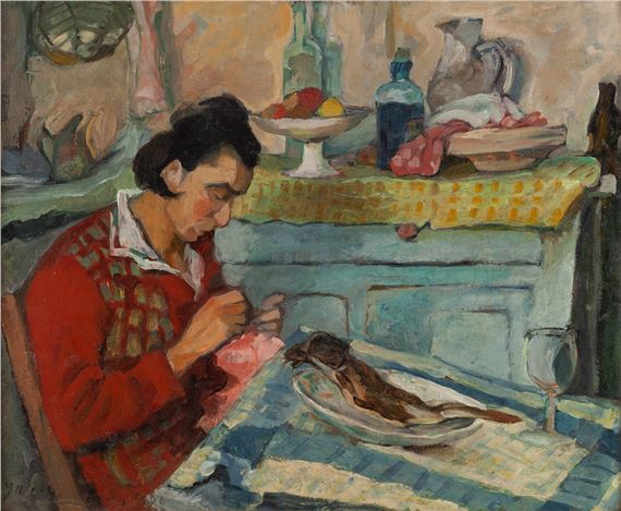 Jacques Chapiro | Woman sewing at table (1922) | MutualArt