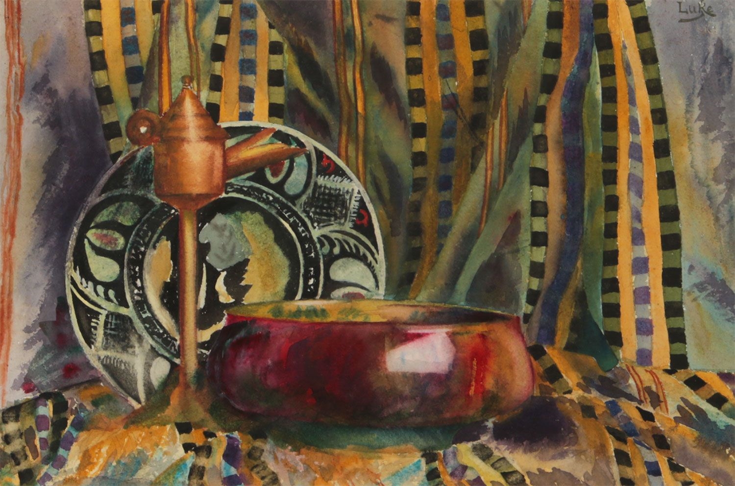John Luke | STILL LIFE WITH ORANGE-PATTERN CLOTH | MutualArt