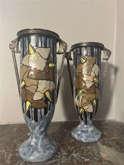 Louis-Auguste Dage | Pair of glazed ceramic vases with high flared ...