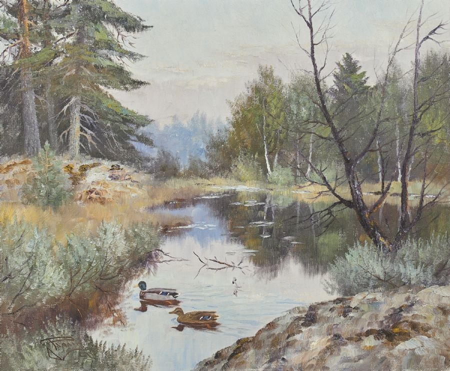 Johannes Ravn | Norway. Wild ducks. Signed. Oil on canvas | MutualArt