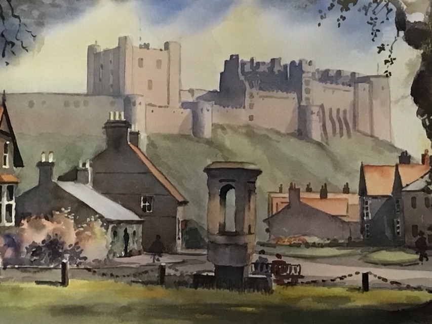 Fred Stott | Bamburgh village beneath castle with figures | MutualArt