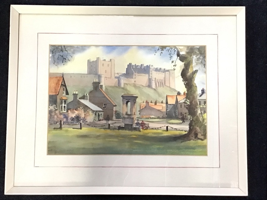 Fred Stott | Bamburgh village beneath castle with figures | MutualArt