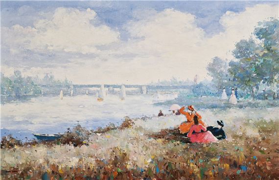 Henri Dupre | French river scene with figures sitting on bank | MutualArt