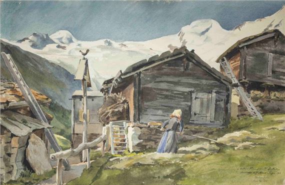 Théodore Zuber | View of a mountain village Watercolor and ink on paper ...
