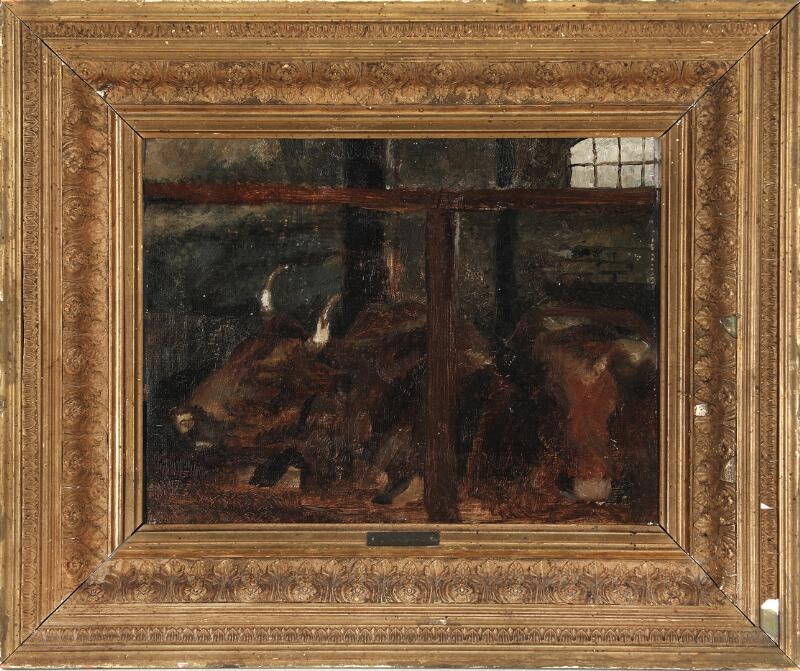 Joakim Skovgaard | Cattle in a dark stable | MutualArt