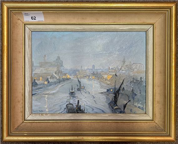 David Poole | view across a river with barges and surrounding town ...