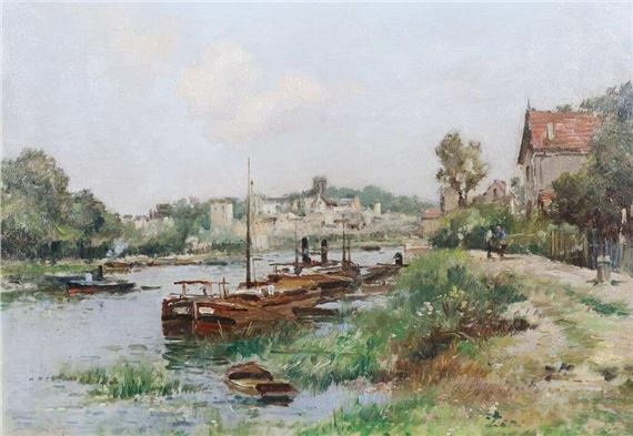 Maurice Levis | Maurice Levis Oil on Board Boats in Landscape | MutualArt