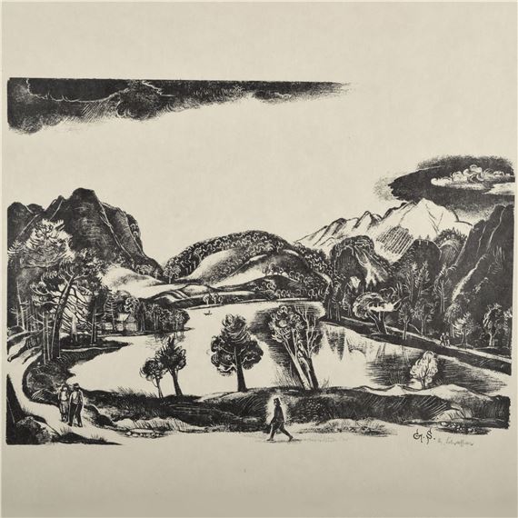 Gustav Adolf Schaffer | Berglandschaft mit See und Wanderern | MutualArt